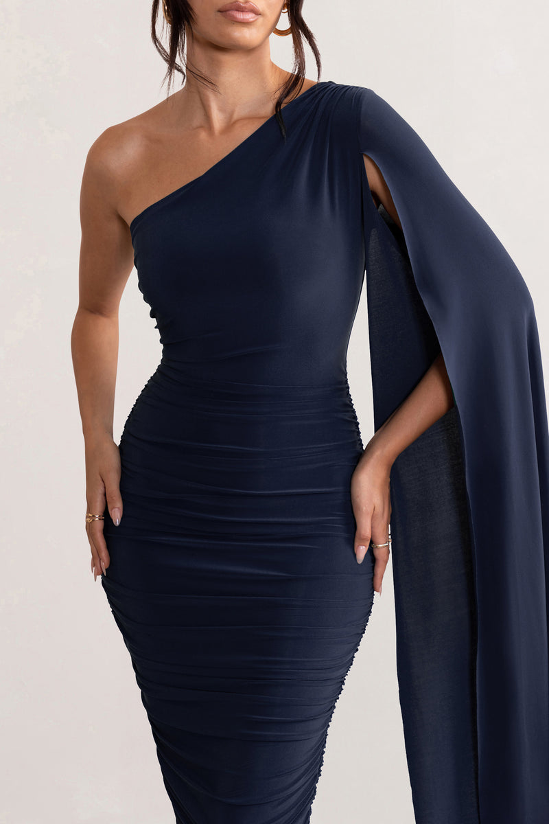 Yara Navy One Shoulder Cape Ruched Midi Dress – Club L London - UK