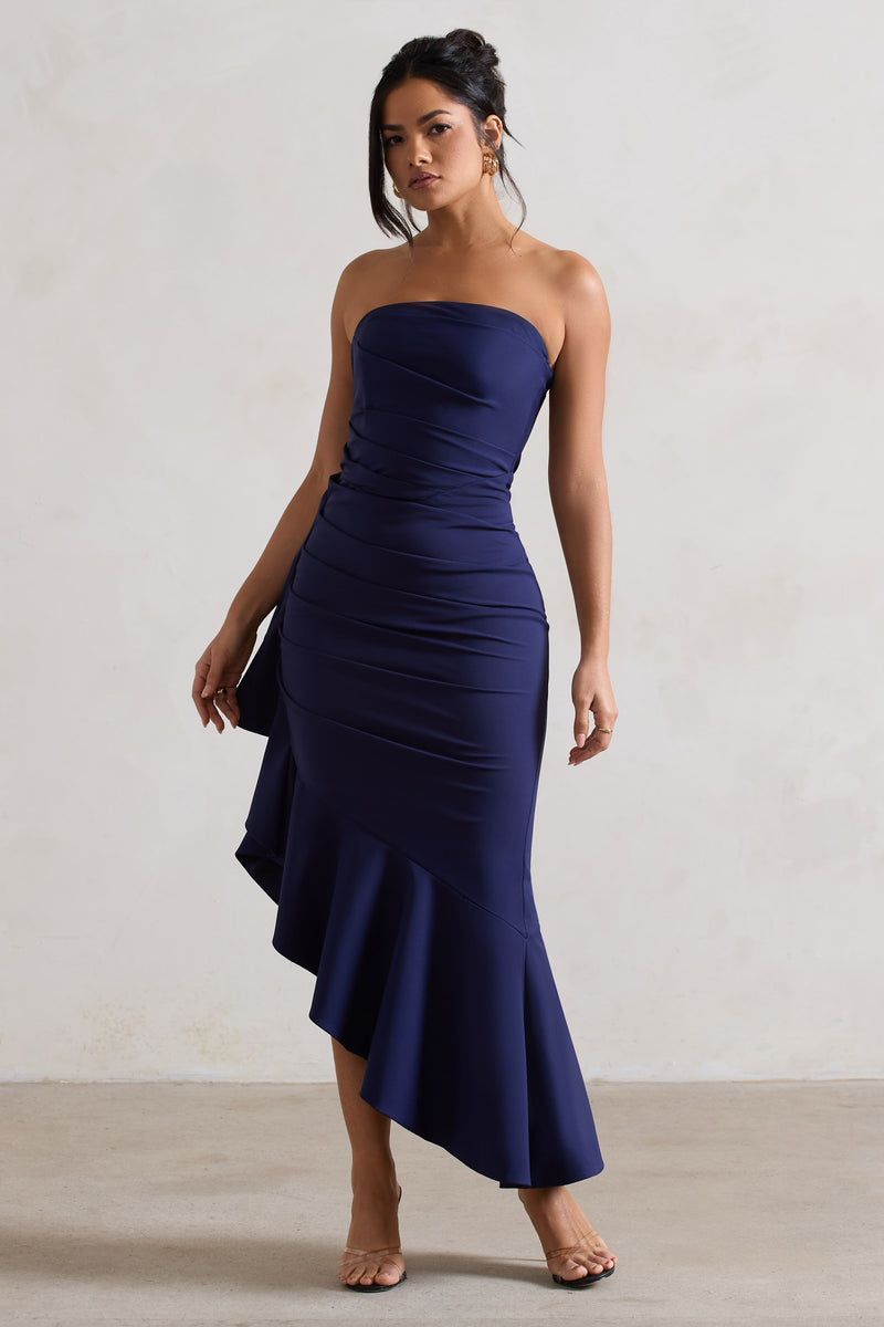 New Age Navy Strapless Asymmetric Ruffled Maxi Dress – Club L London - UK
