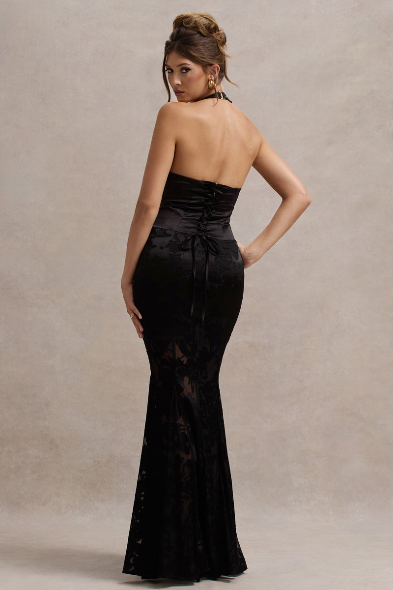 Sunset Tales Black Satin Devore Plunge-Neck Maxi Dress – Club L London - UK