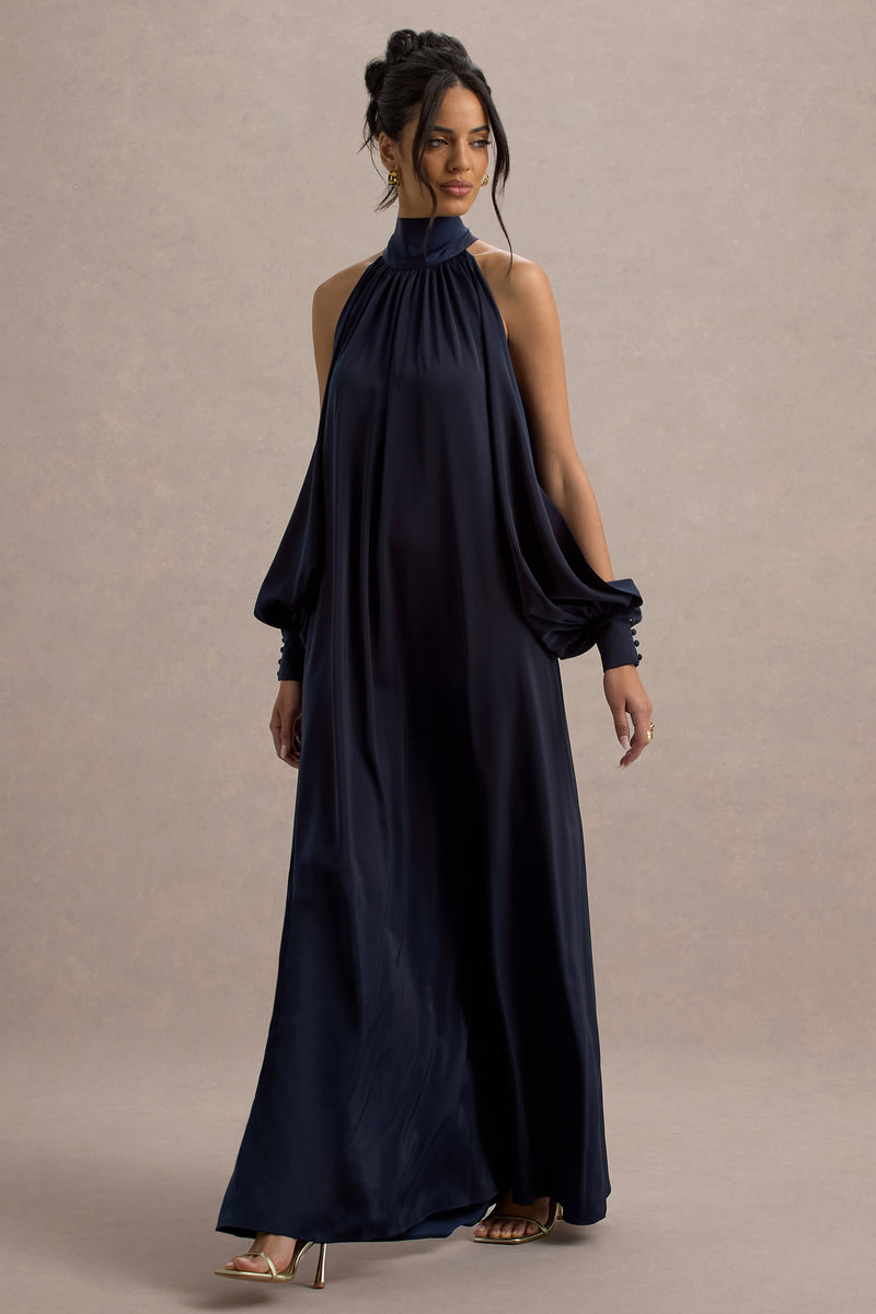 Baila Navy Satin High-Neck Cape-Sleeve Maxi Dress – Club L London - UK