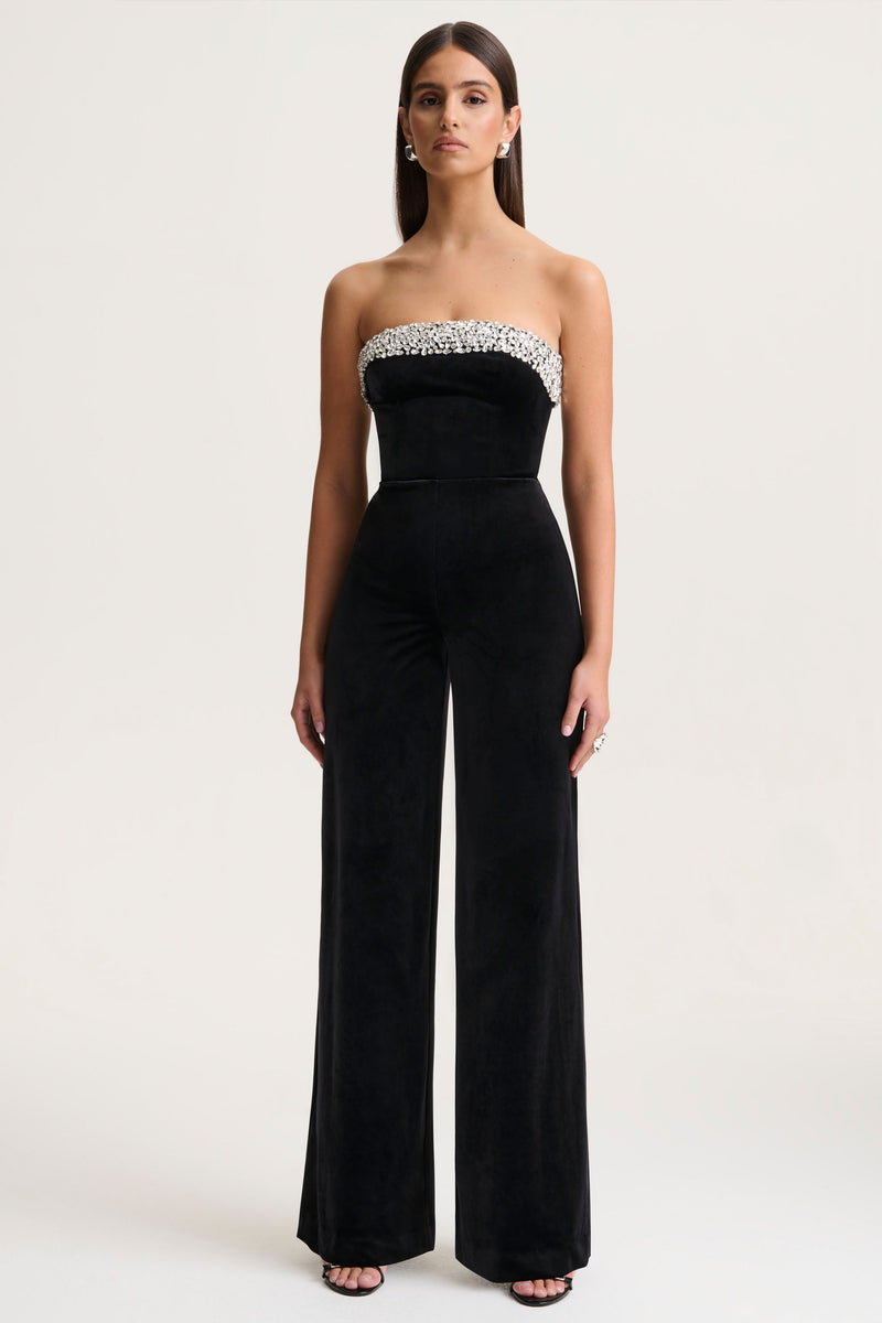 Emelie Black Velvet Hand-Embellished Bandeau Jumpsuit – Club L London - UK