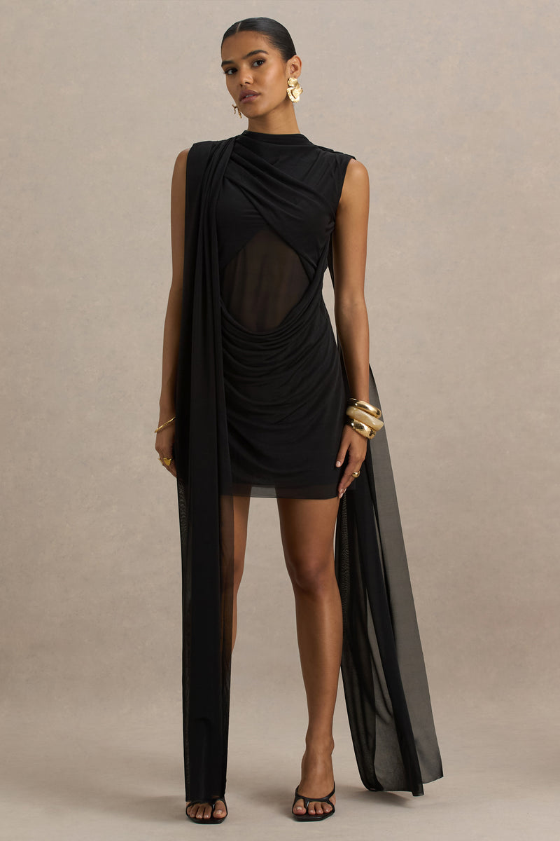Riad Black Chiffon Mini Dress With Sheer Bodice Two-Sleeve Cape – Club L London - UK