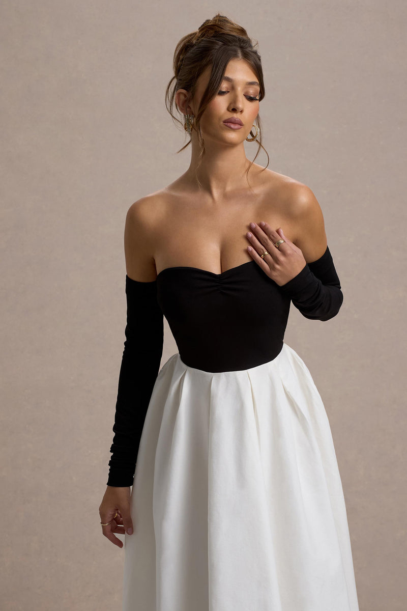 Solada Black & Cream Bardot Pleated Midi Dress – Club L London - UK