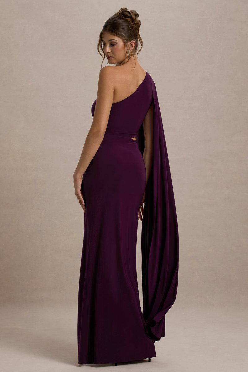Brona Plum One-Shoulder Cape-Sleeve Split Maxi Dress – Club L London - UK
