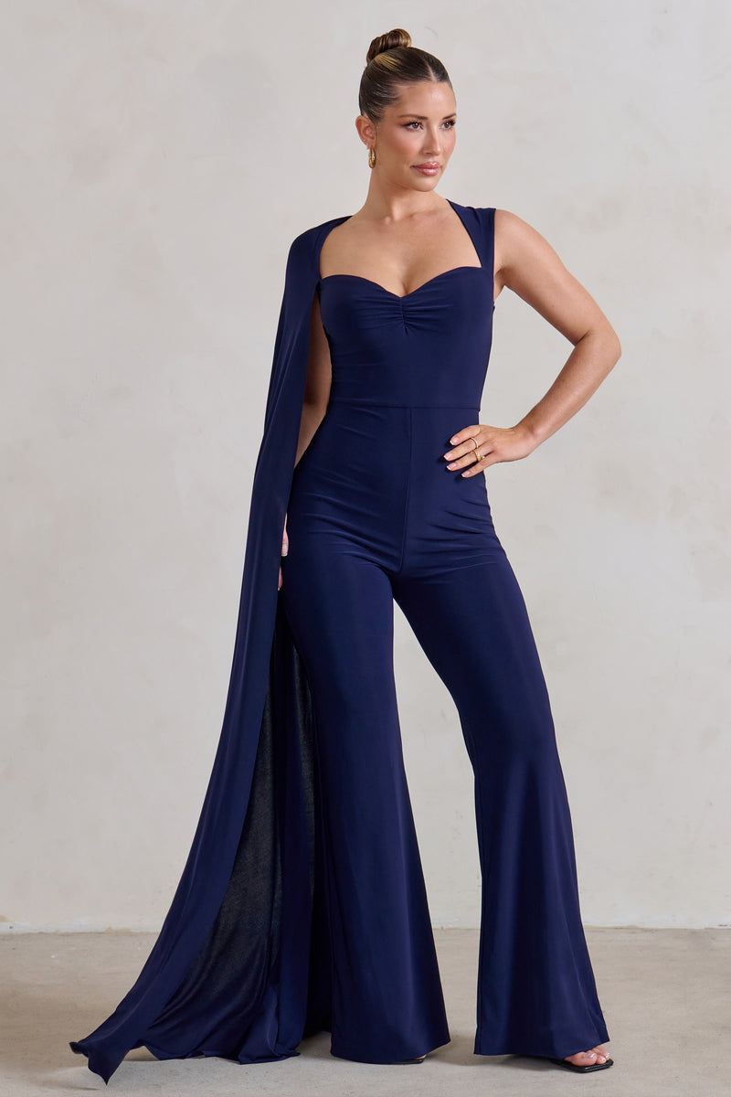 Vivi Navy Asymmetric Cape Sleeve Jumpsuit – Club L London - UK