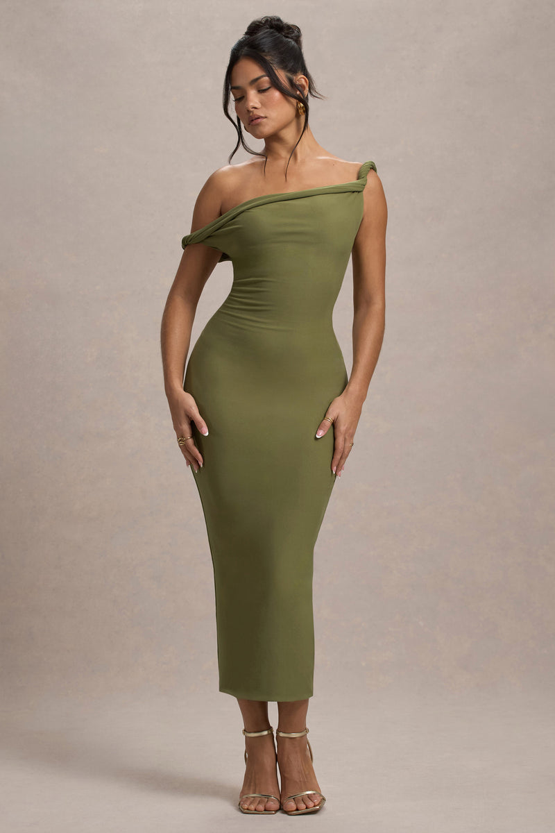 Salome Olive Twisted Asymmetric Midi Dress – Club L London - UK