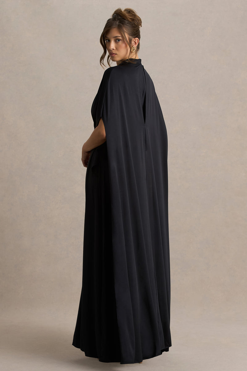 Olessia Black Belted Gathered Cape-Sleeve Maxi Dress – Club L London - UK