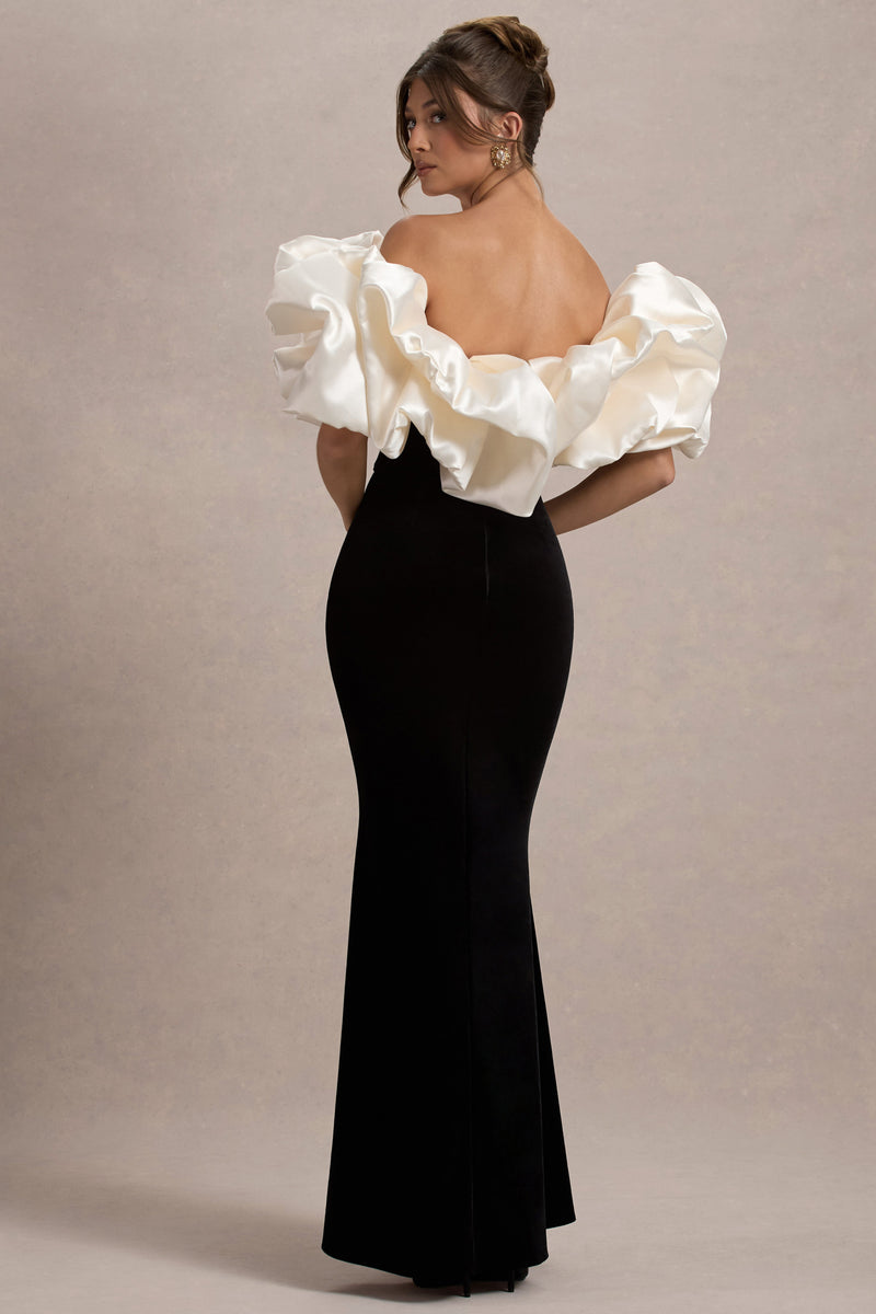 Cecily Black Velvet Bardot Maxi Dress With Satin Ruffle Trim – Club L ...