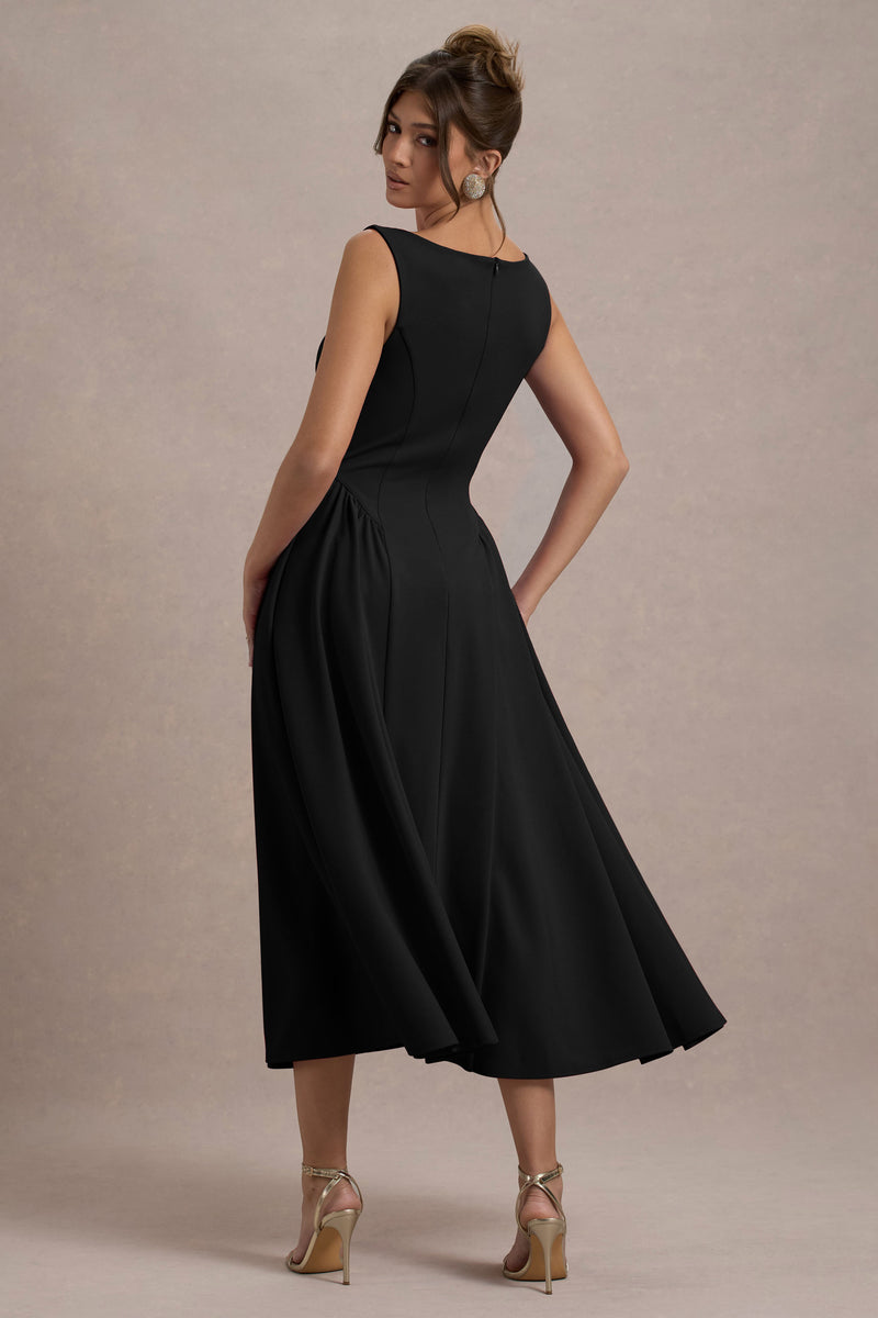 Muriel Black Boat-Neck Volume-Hem Midi Dress – Club L London - UK