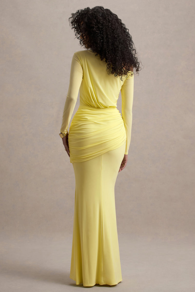 Deanna Lemon Asymmetric Long-Sleeve Ruched Maxi Dress – Club L London - UK