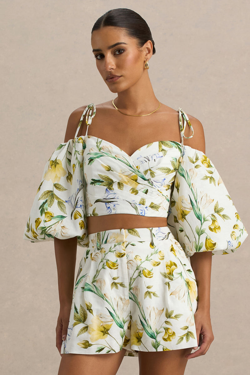 Amberly Lemon Floral Print Plunge-Neck Ruffled Crop Top – Club L London ...