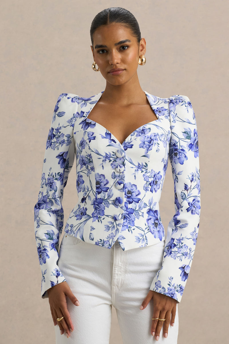 Olympia Blue Floral Print Sweetheart-Neck Tailored Top – Club L London - UK