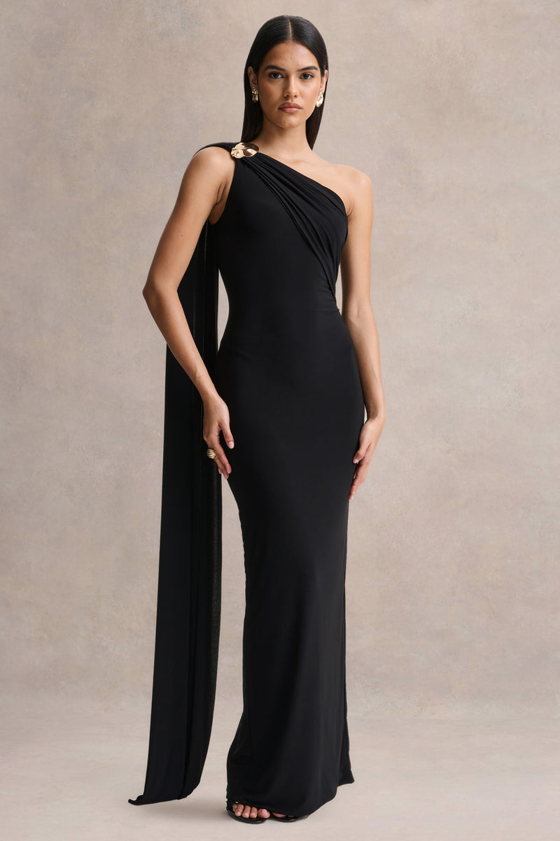 Mandy Black Asymmetric-Neck Maxi Dress – Club L London - UK