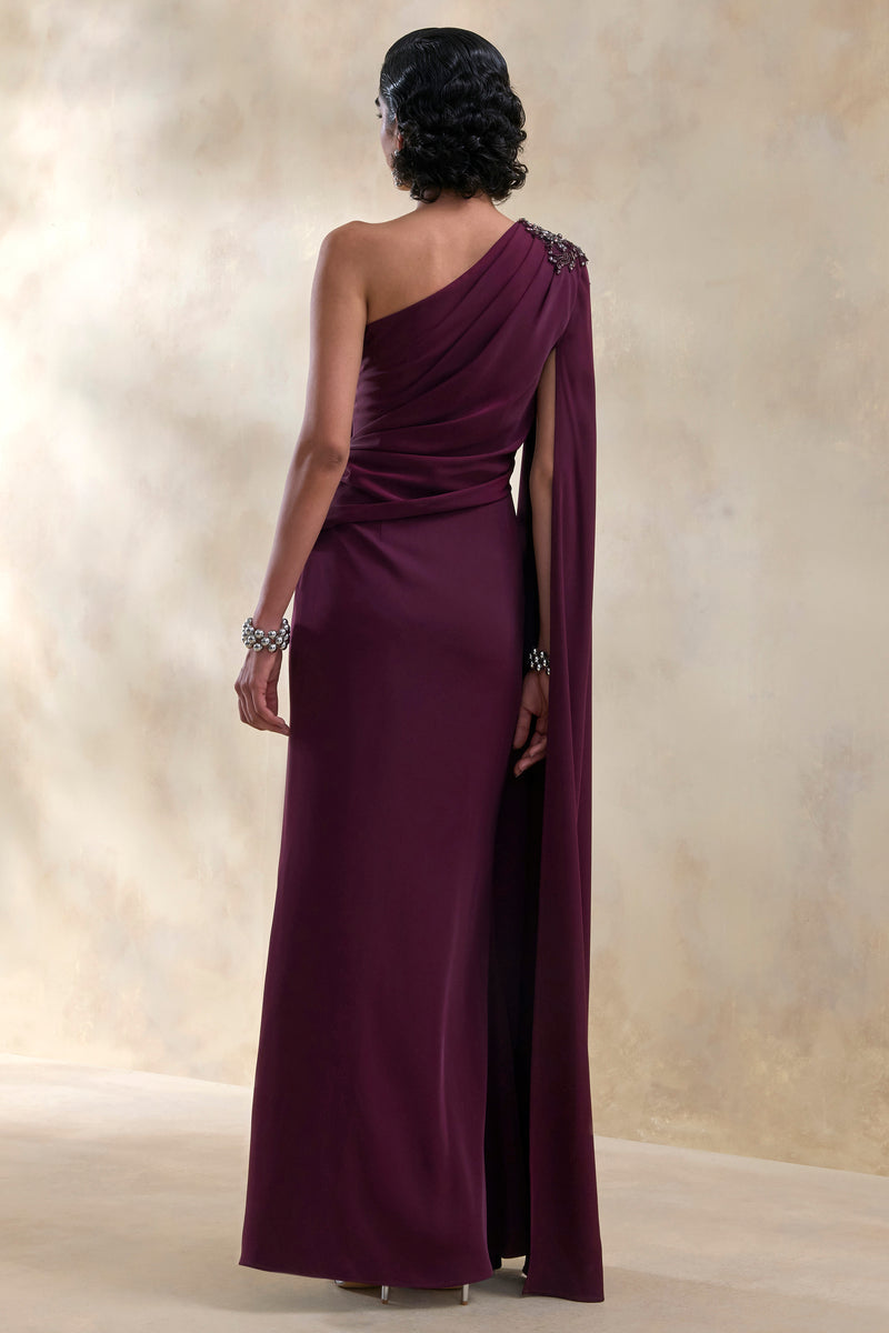 Solace Dark Plum Asymmetric-Neck Embellished Maxi Dress With Front-H ...