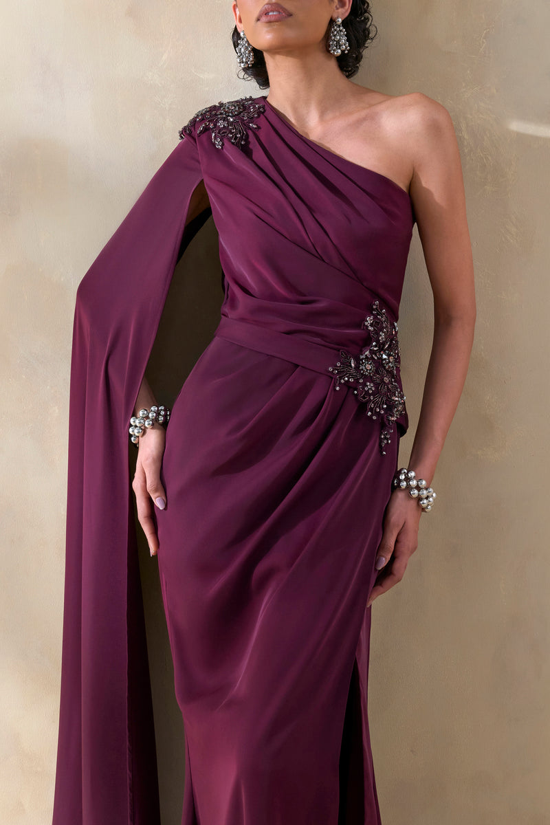 Solace Dark Plum Asymmetric-Neck Embellished Maxi Dress With Front-H ...