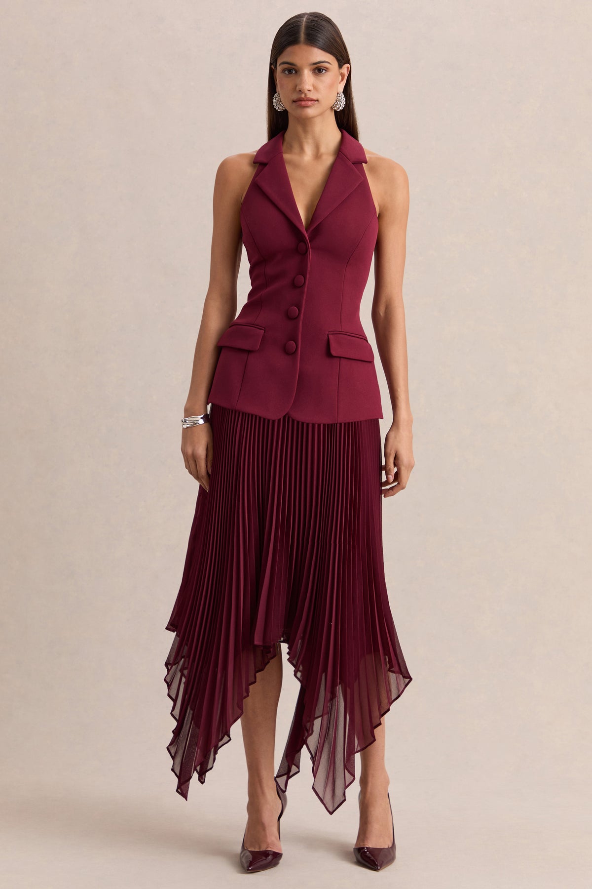 Marvelle Burgundy Plunge-Neck Maxi Dress With Hanky Hem – Club L London ...