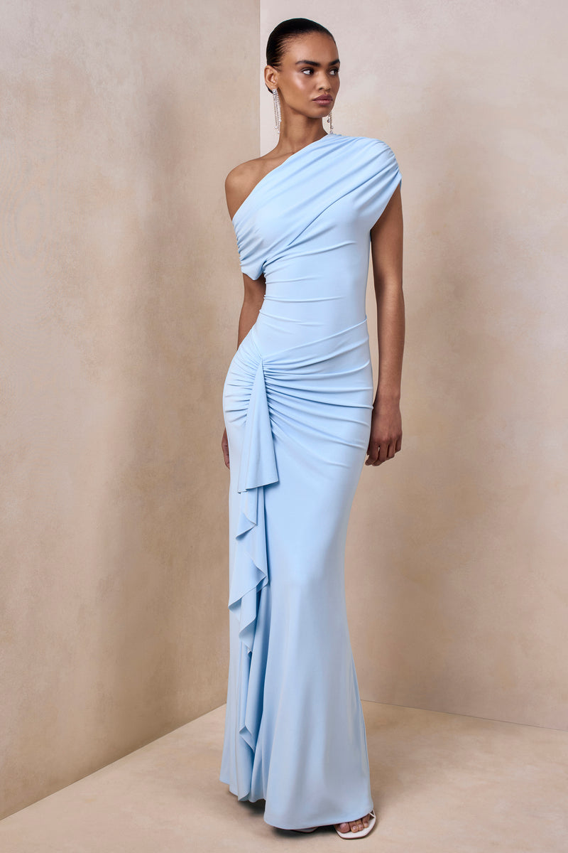 Siora Powder Blue Asymmetric-Neck Maxi Dress With Draped-Detailing ...