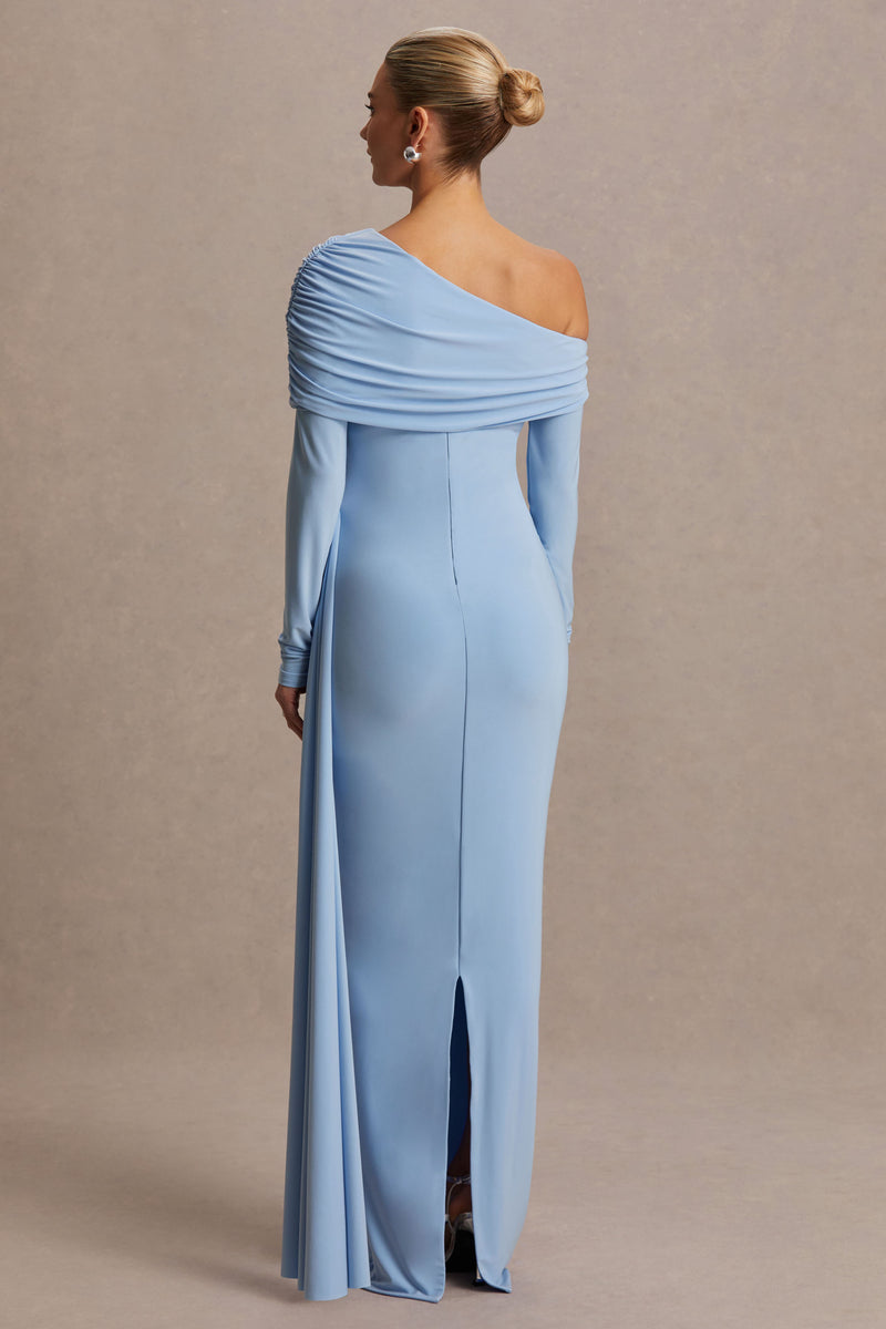 Amara Powder Blue Asymmetric-Neck Maternity Maxi Dress With Sash Det ...