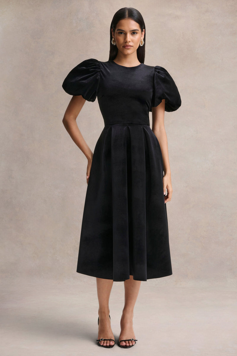 Seraphic Black Velvet Puff-Sleeve Midi Dress – Club L London - UK