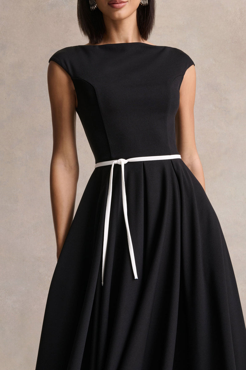 Nataline Black Round-Neck Midi Dress With White Belt-Detail – Club L ...
