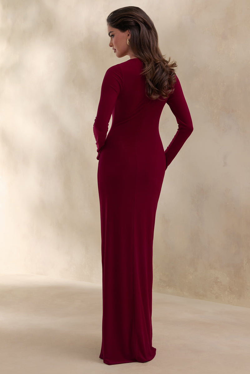 Karessa Berry High-Neck Maxi Dress With Gathered Detailing And Front ...