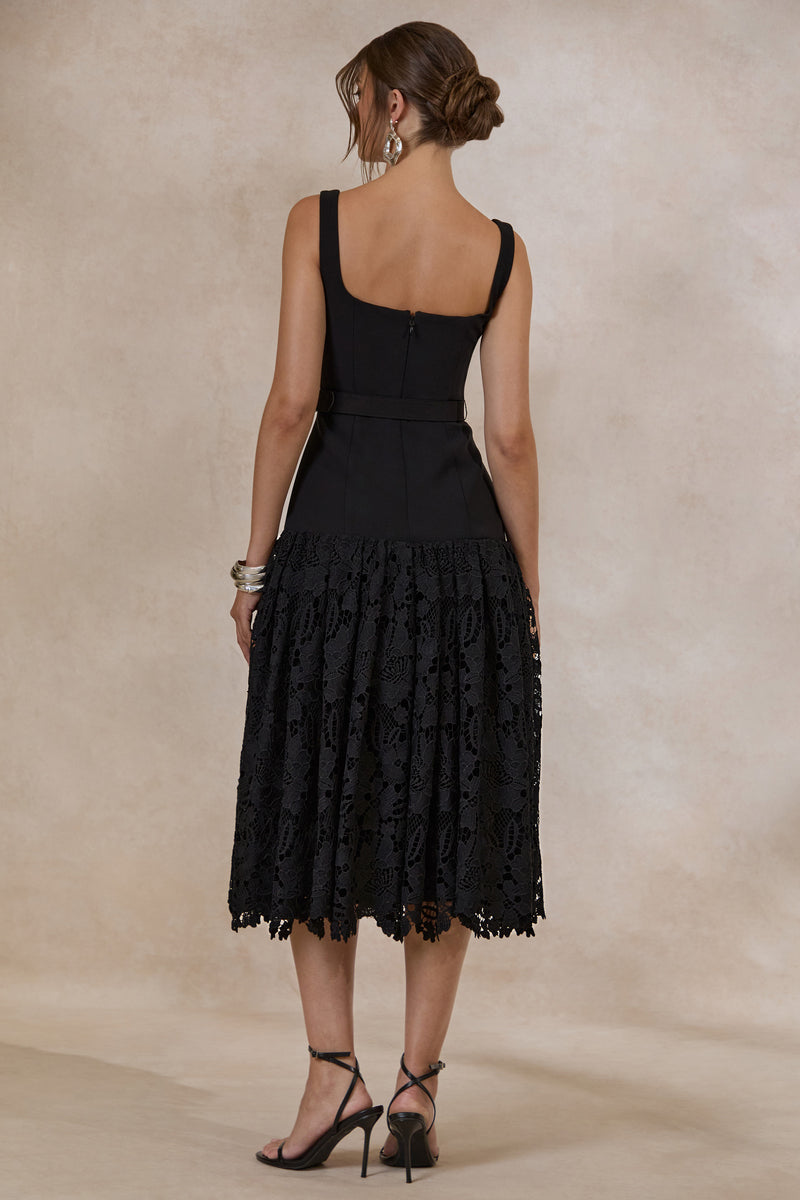 Norrie Black Square-Neck Midi Dress With Voluminous Lace Skirt – Club L ...