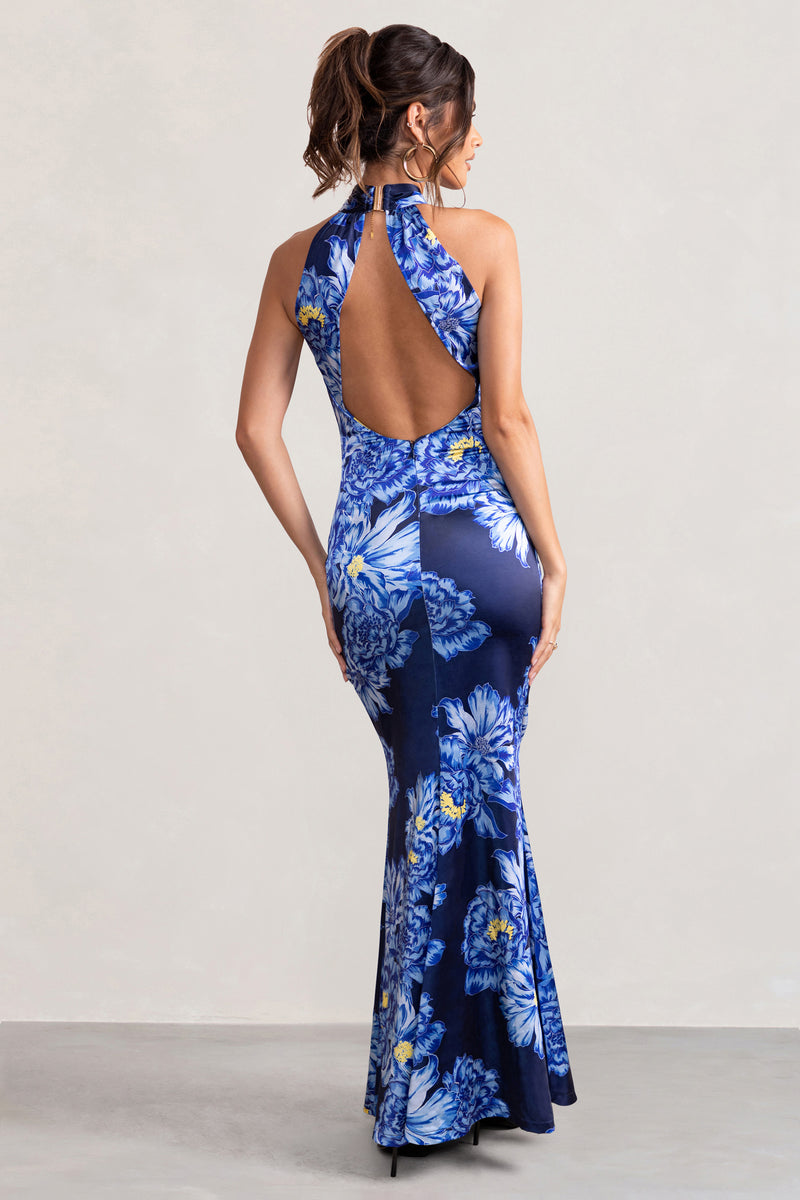 Unstoppable Blue Floral Print Satin Cross Over Halter Neck Maxi Dres ...
