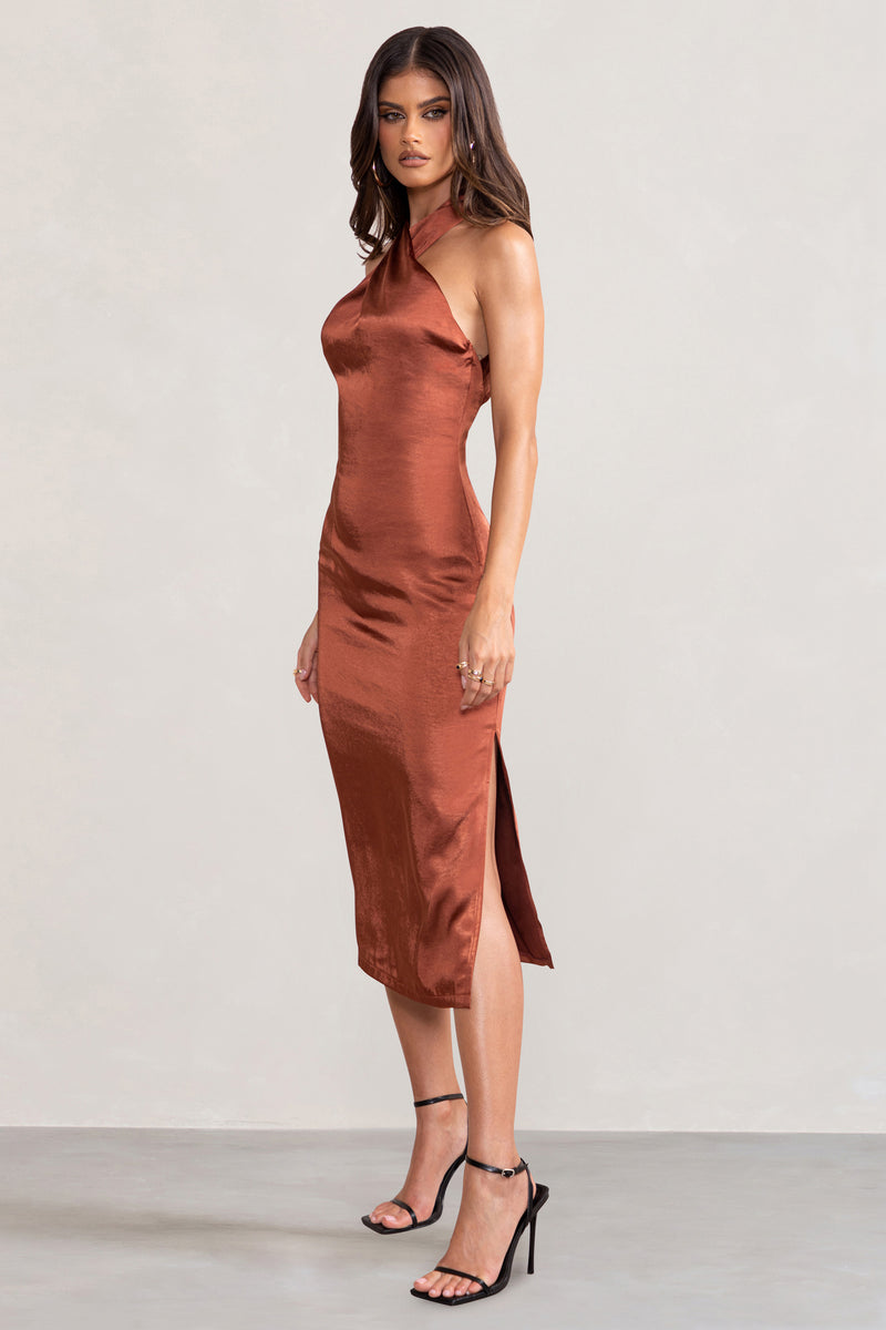 Dazzling Rust Satin Cross Over Halter Neck Midi Dress – Club L London - UK