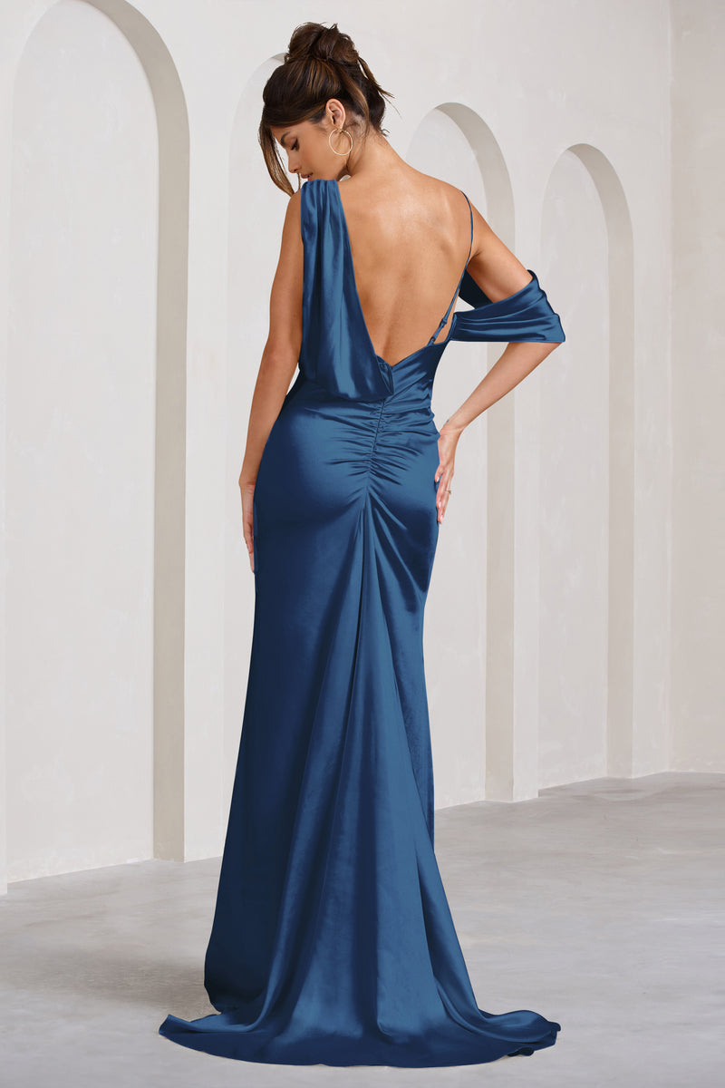 Jayne Navy Satin Asymmetric Draped Split Maxi Dress – Club L London - UK