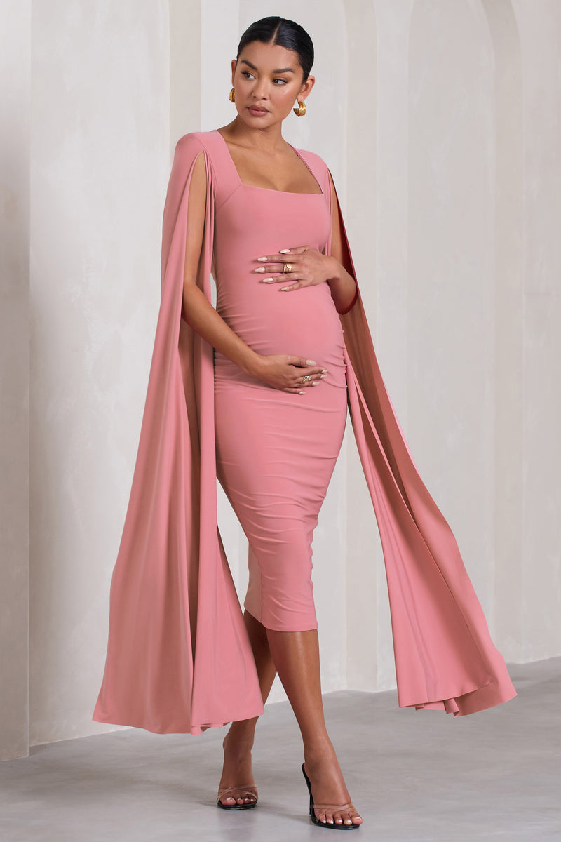 Flawless Blush Pink Maternity Square Neck Midi Dress With Cape Sleev ...