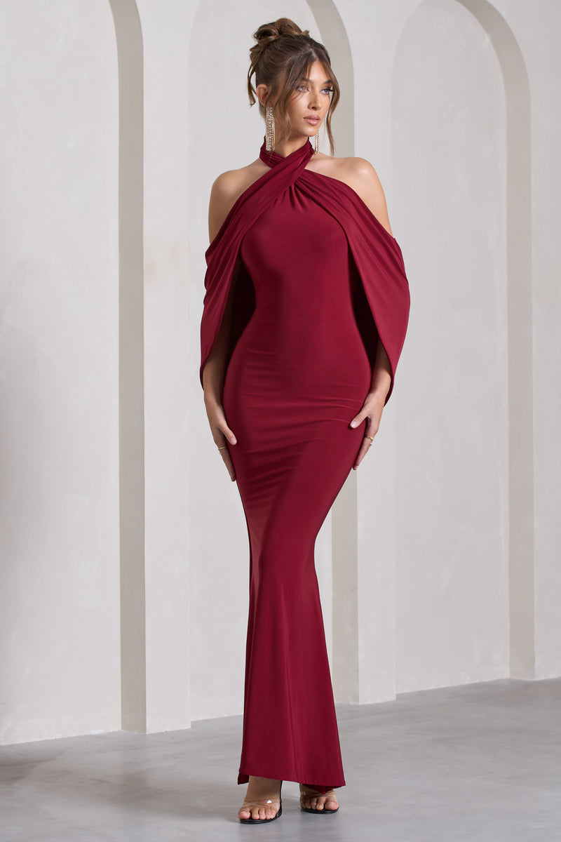 Revelation Berry Red Crossed Halter-Neck Fishtail Maxi Dress With Ca ...