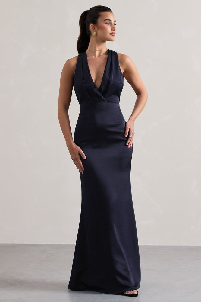 Tiffany Navy Satin Plunge-Neck Maxi Dress – Club L London - UK