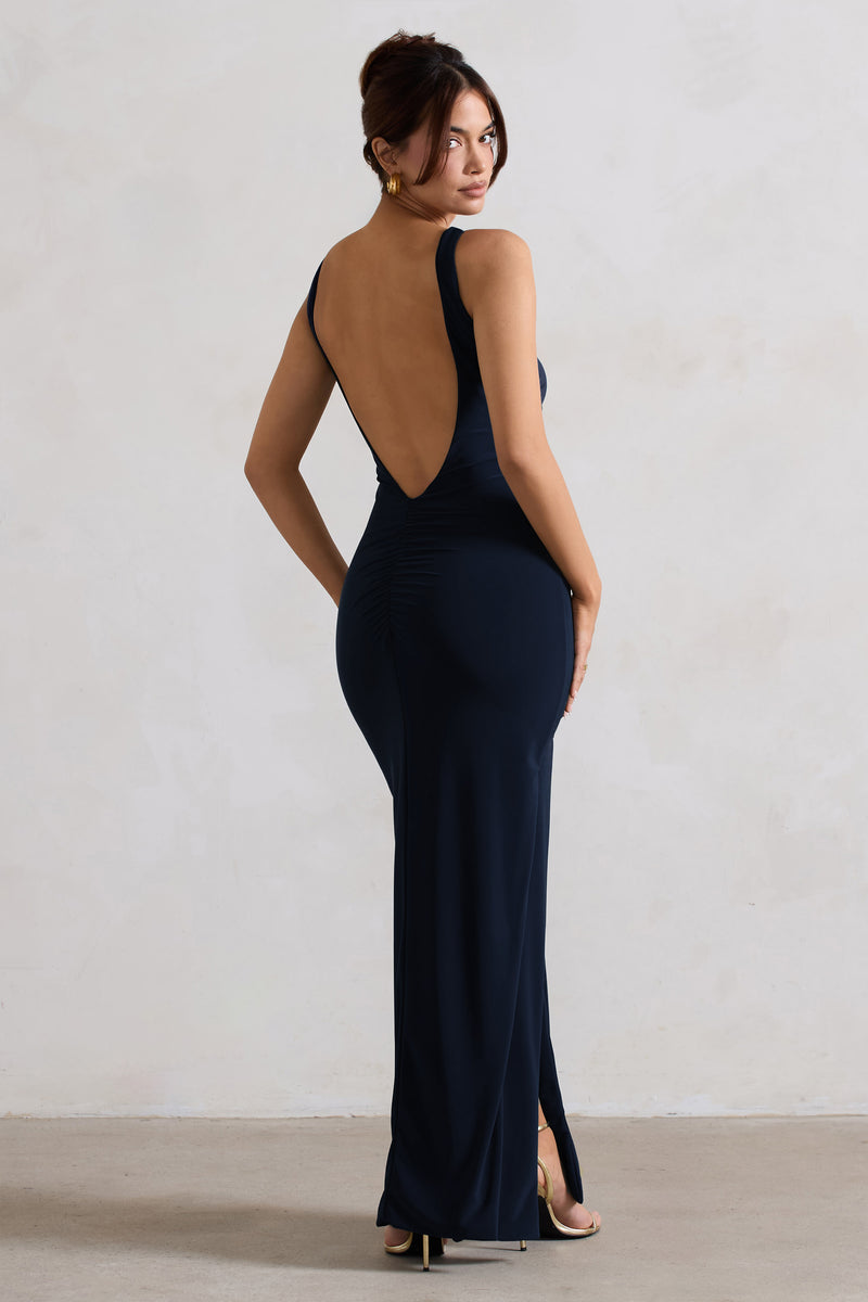Kate Navy Square Neck Maxi Dress with Plunge Back and Side Thigh Spl – Club L London - UK