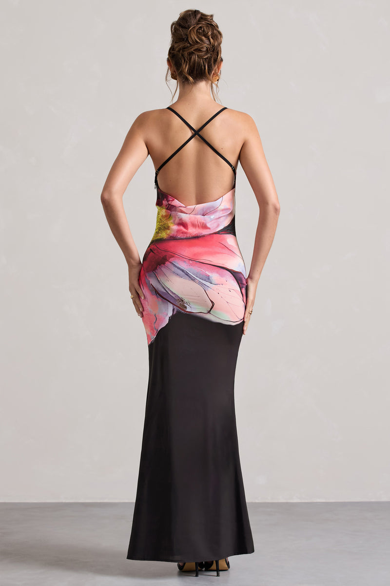 Kali Black Floral Print Cowl-Neck Open-Back Split Maxi Dress – Club L ...