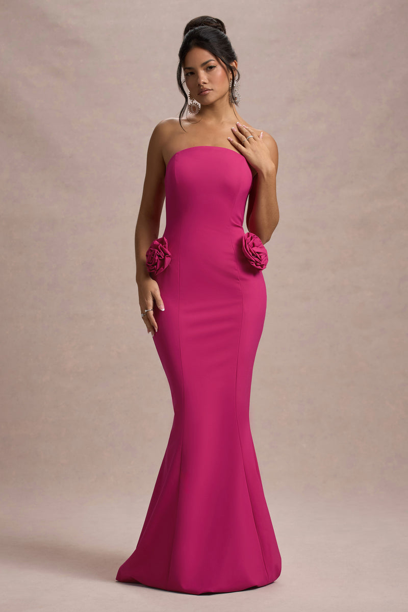 Best Of The Best Dark Pink Strapless Fishtail Maxi Dress With Corsag ...