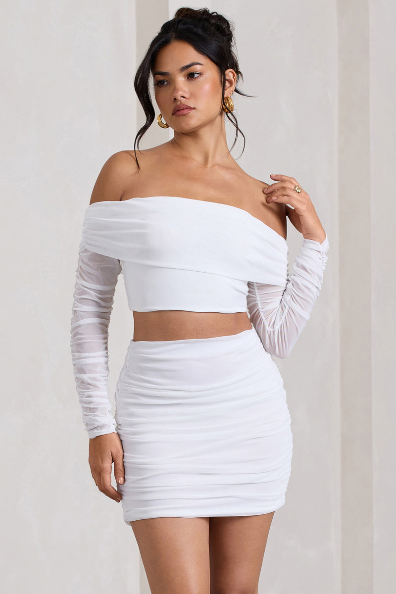 Rule Breaker White Ruched Mesh Bardot Crop Top – Club L London - UK
