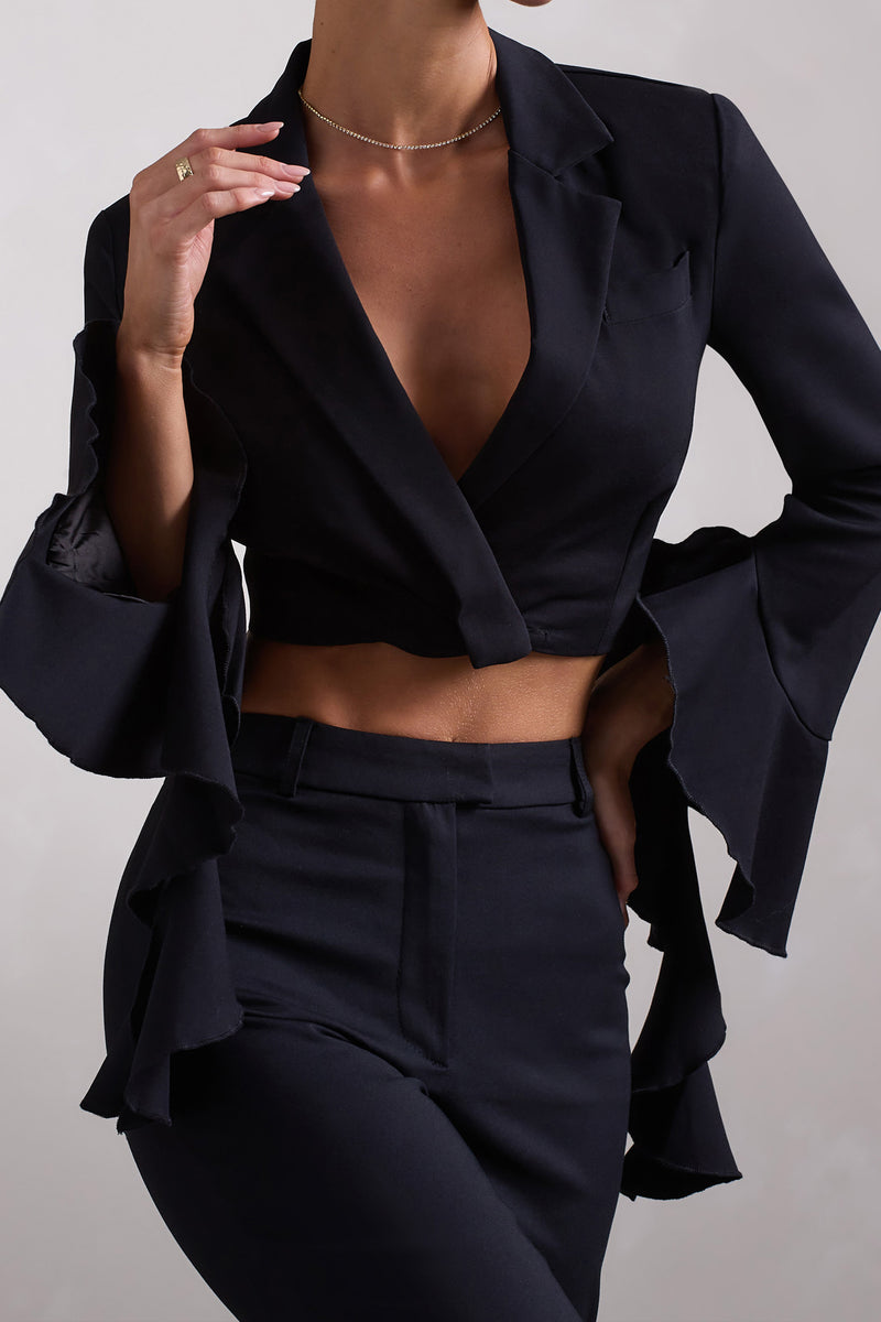 Sophie Black Cotton-Blend Tailored Cropped Blazer With Ruffled Cuffs ...