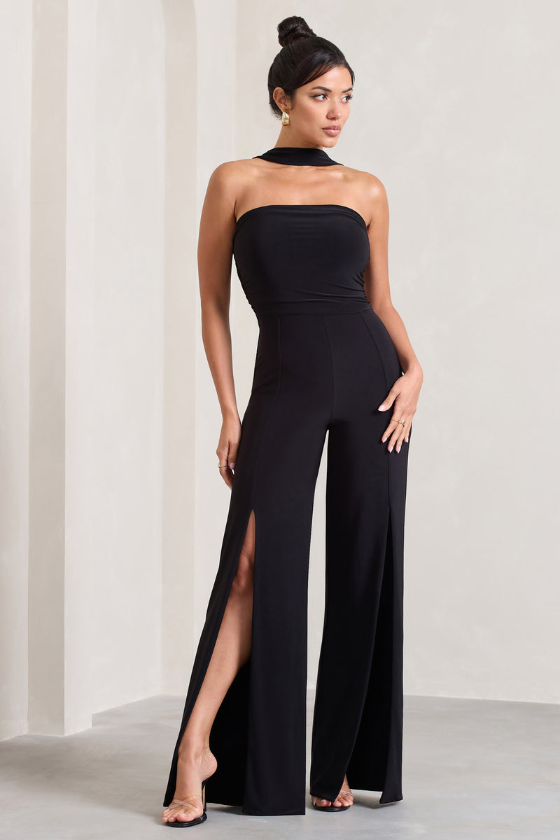 The Next Naomi Black Halter-Neck Bandeau Split-Leg Jumpsuit – Club L ...