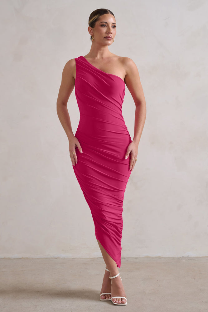 Dorit Hot Pink One Shoulder Asymmetric Ruched Midi Dress – Club L London - UK