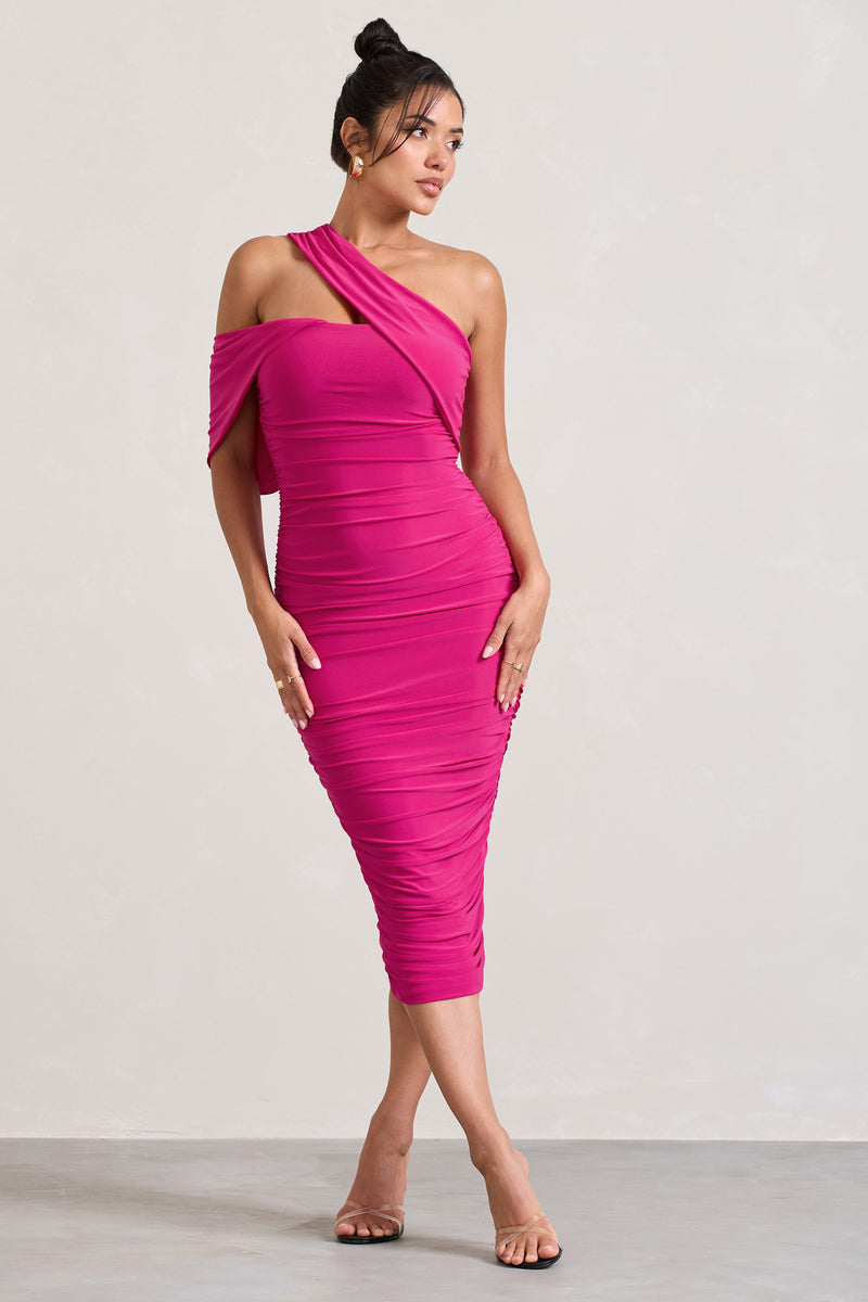 Cici Hot Pink Asymmetric One Shoulder Ruched Midi Dress – Club L London ...