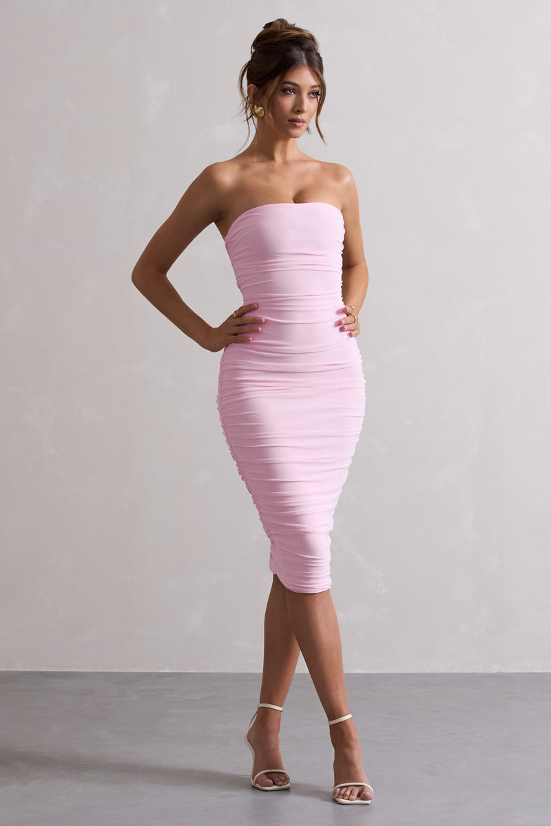 My Girl Pink Strapless Bodycon Ruched Mesh Midi Dress – Club L London - UK