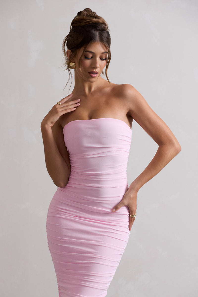 My Girl Pink Strapless Bodycon Ruched Mesh Midi Dress – Club L London - UK