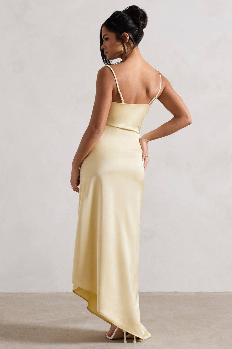 Santi Lemon Satin Cowl-Neck Asymmetric Maxi Dress – Club L London - UK