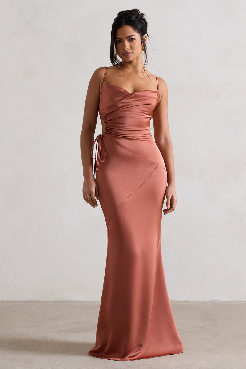 Carter Rust Satin Cowl-Neck Maxi Dress With Cut-Out – Club L London - UK