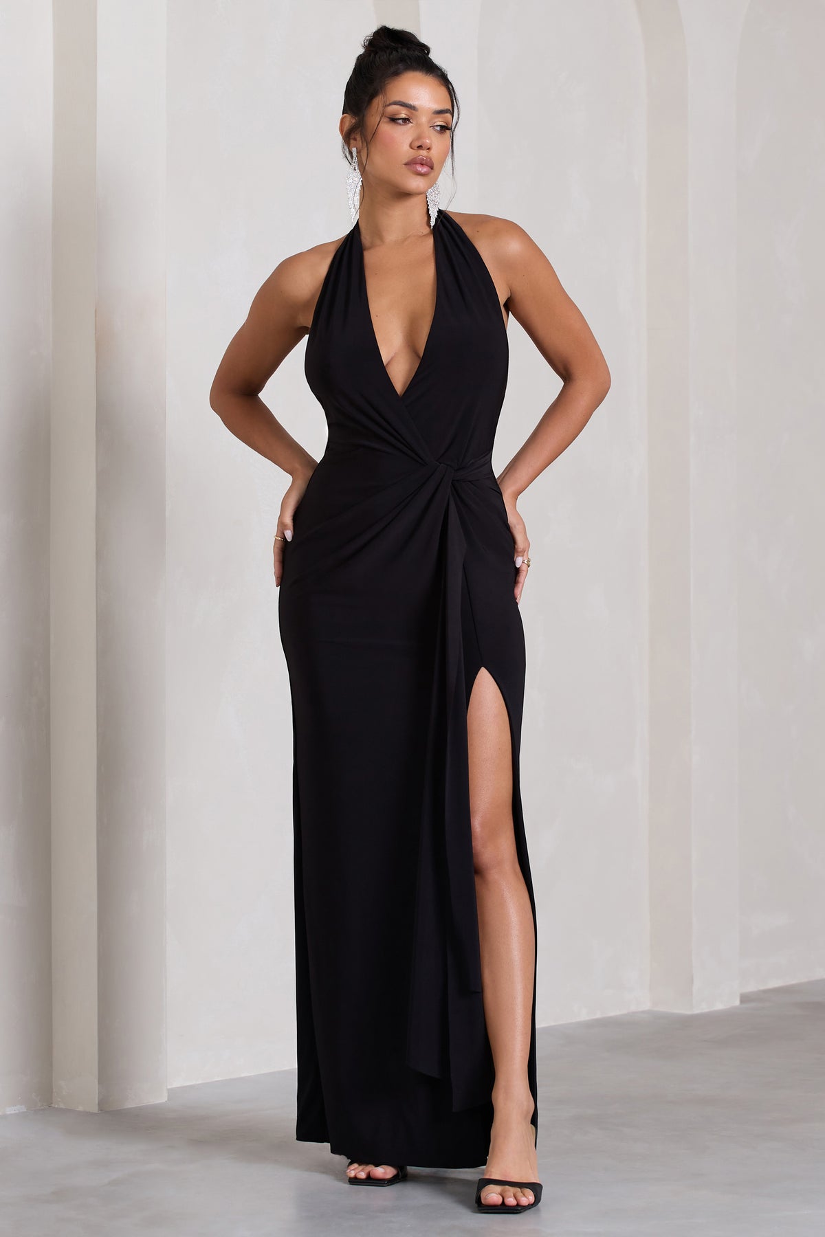 Tabloid Talk Black Plunge Halter-Neck Maxi Dress With Twisted Drape ...