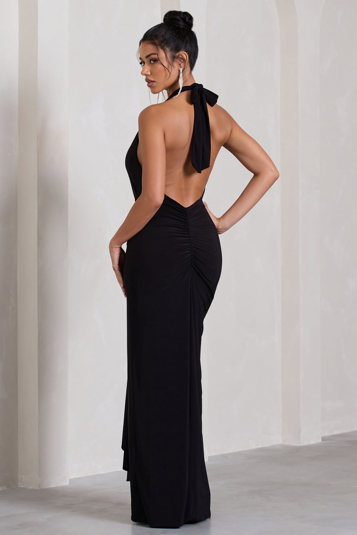 Tabloid Talk Black Plunge Halter-Neck Maxi Dress With Twisted Drape ...
