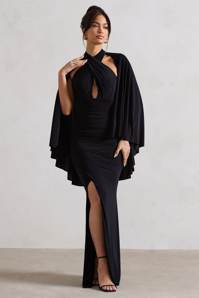 Audrina Black Ruched Halter-Neck Split Maxi Dress With Cape – Club L ...