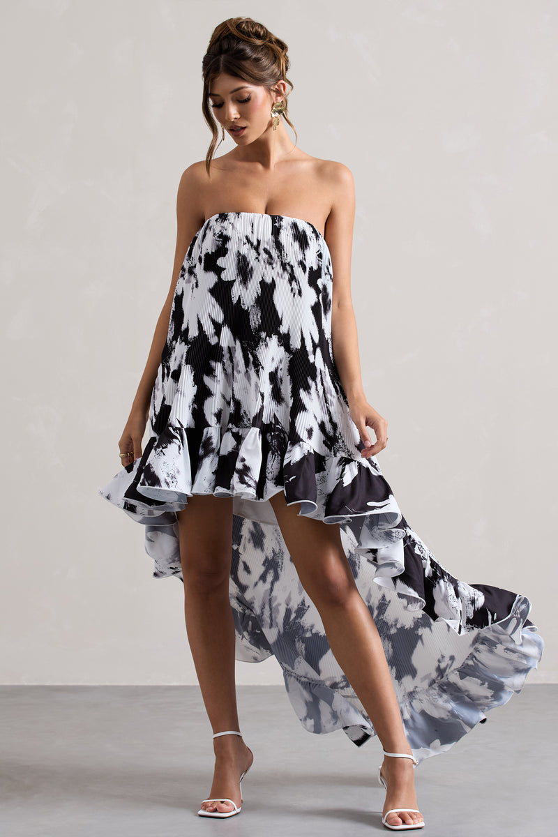 Whistler Monochrome Floral Chiffon Bandeau High-Low Ruffled Maxi Dre ...