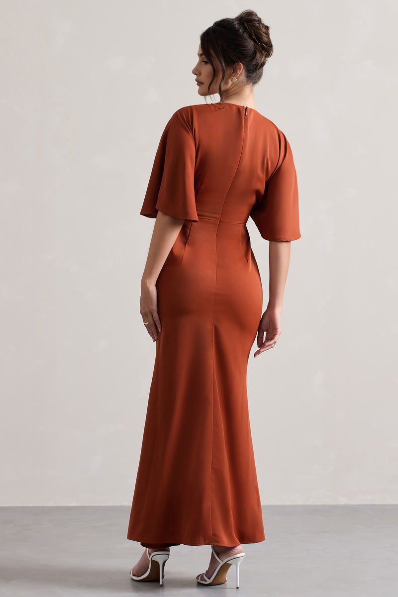 Elidy Terracotta Ruched Flutter-Sleeve Cut-Out Maxi Dress – Club L ...