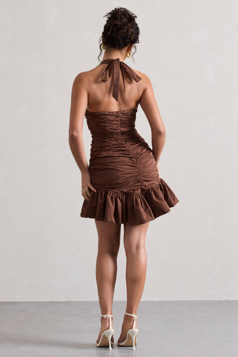Zahra Chocolate Brown Halter-Neck Ruched Mini Dress With Ruffle Hem ...